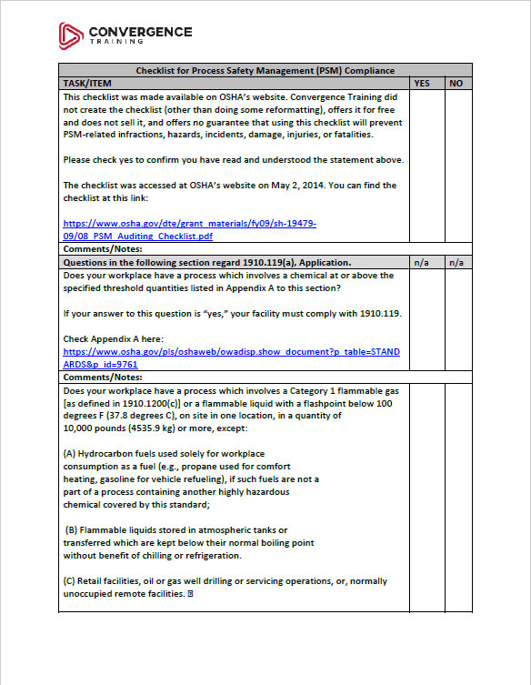 Free PSM Checklist--Process Safety Management Checklist